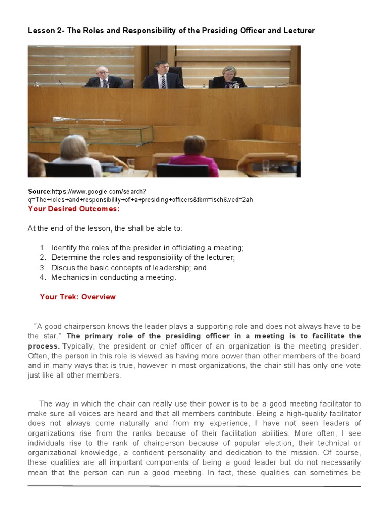 Lesson 2-The Roles and Responsibility of The Presiding Officer and ...
