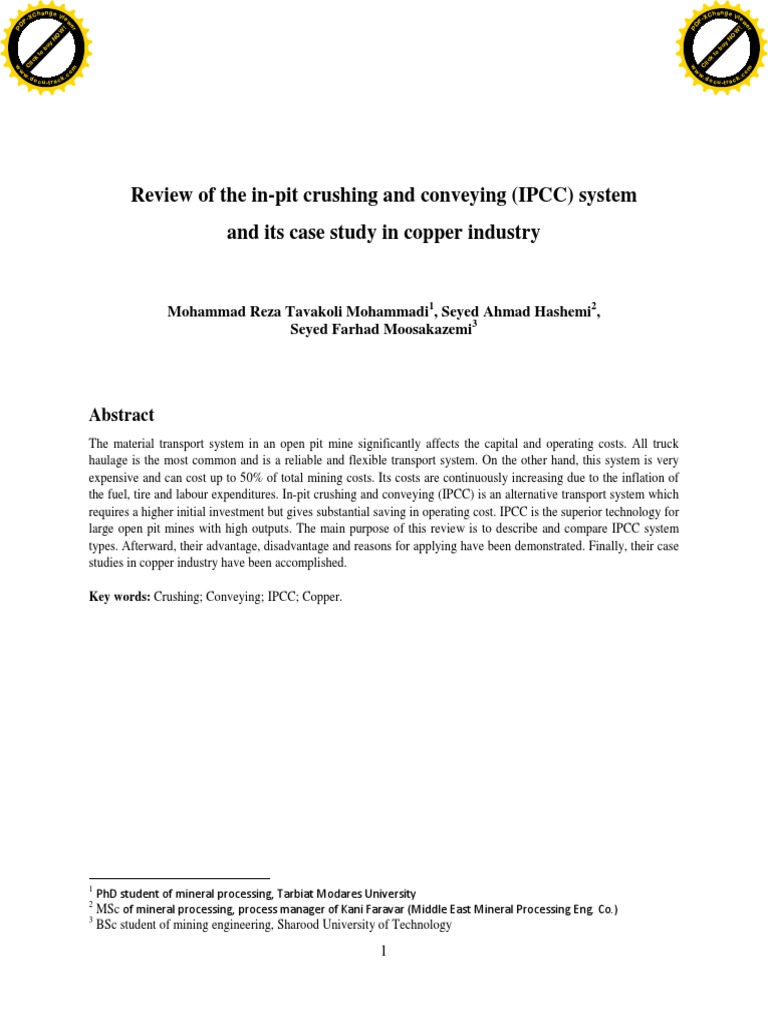 Review of The In-Pit Crushing and Conveying (IPCC) System and Its Case Study in Copper Industry ...