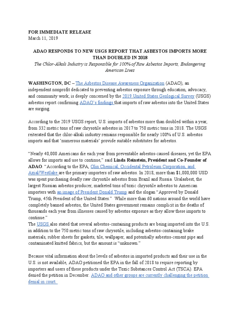 2019 Press Release USGS Report | PDF | Asbestos | Occupational Safety ...