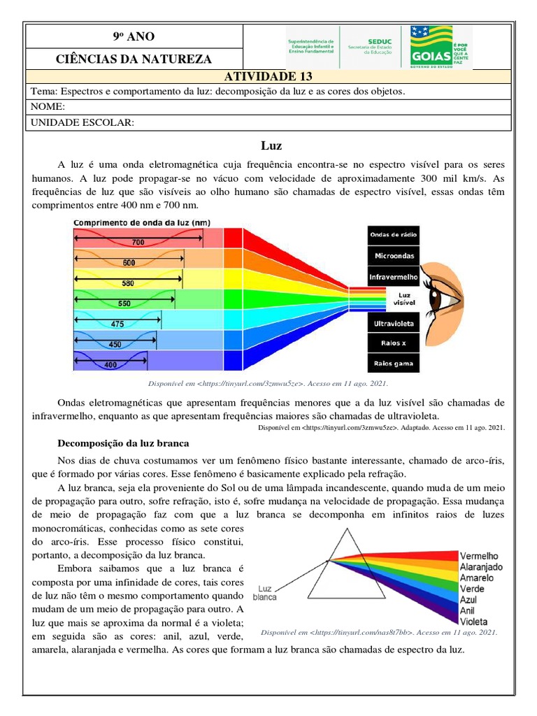 Atividade 13 - 9º Ano - CIE - Espectros e Comportamento Da Luz | PDF | Luz | Cor