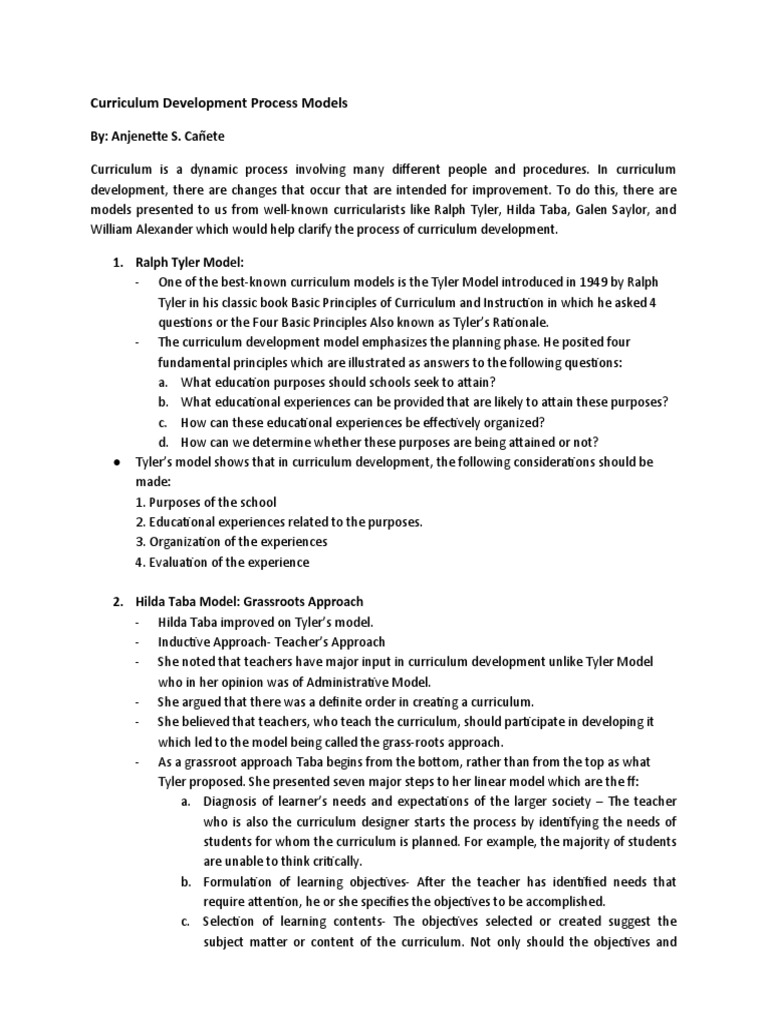 A Comparative Analysis of Three Influential Curriculum Development ... A Comparative Analysis of Three Influential Curriculum Development ...