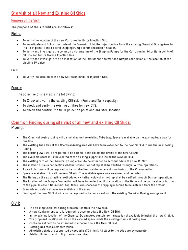 Site Visit Findings and Observation of New and Existing CII Skids | PDF ...