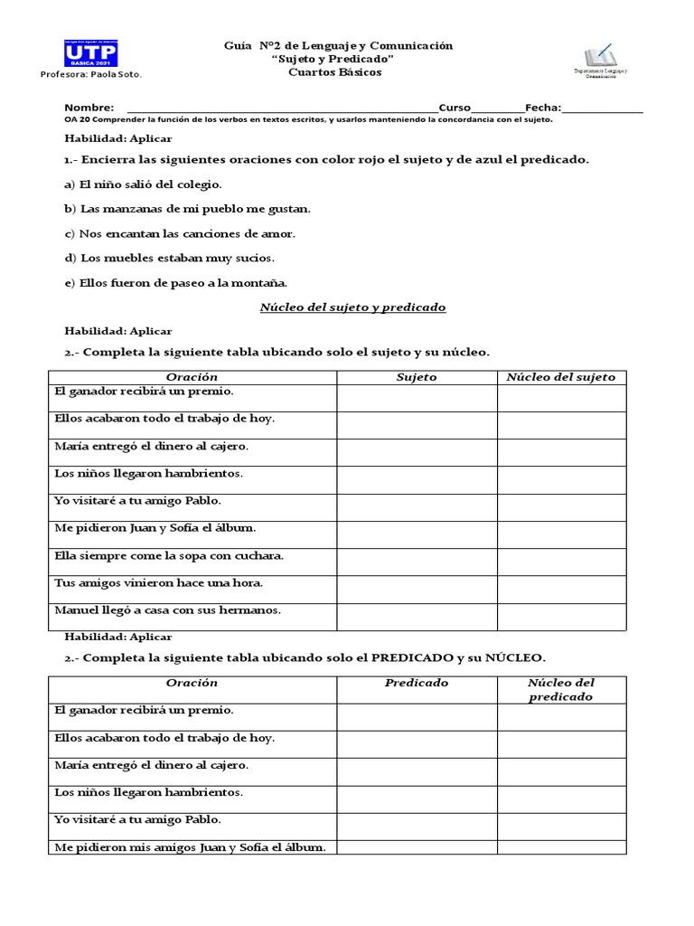 Guía #2 de Sujeto y Predicado | PDF