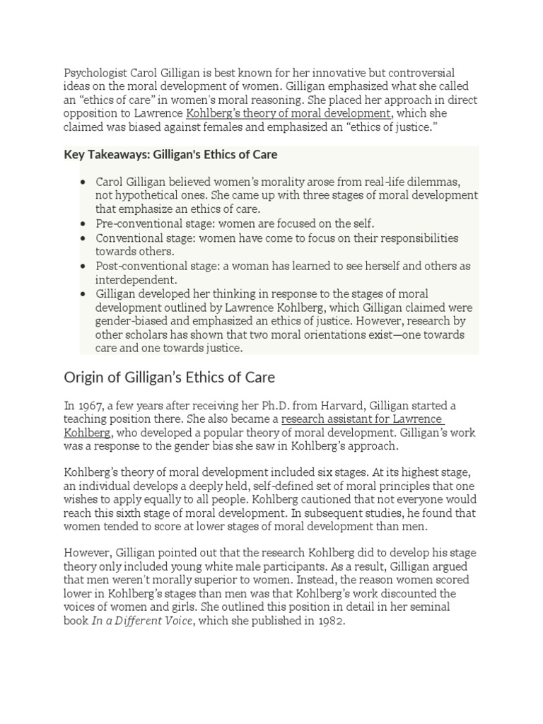 Stages Of Moral Development Gilligan