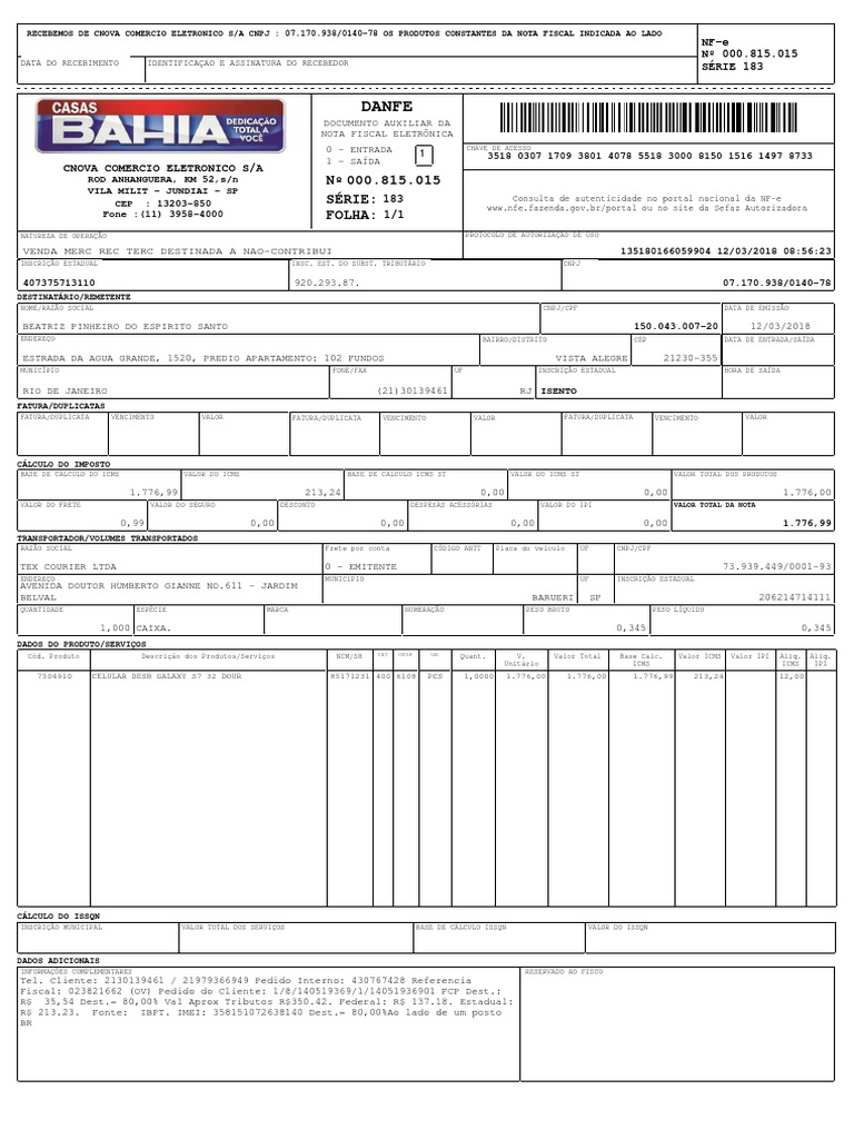 Nota Fiscal Samsung Galaxy | PDF | Recibo | Business