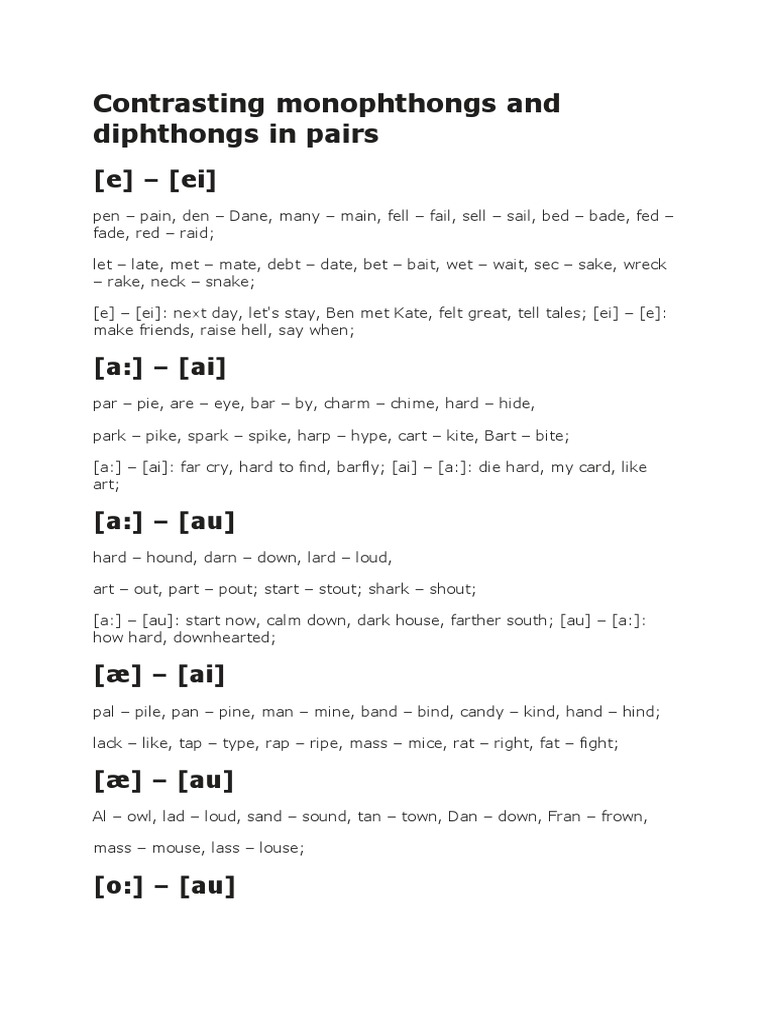 Contrasting Monophthongs and Diphthongs in Pairs | PDF