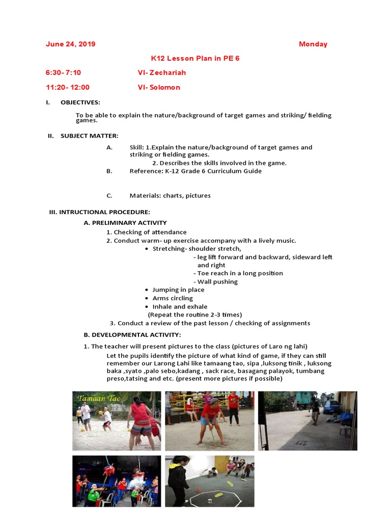 I. Objectives:: June 24, 2019 Monday K12 Lesson Plan in PE 6 6:30-7:10 ...