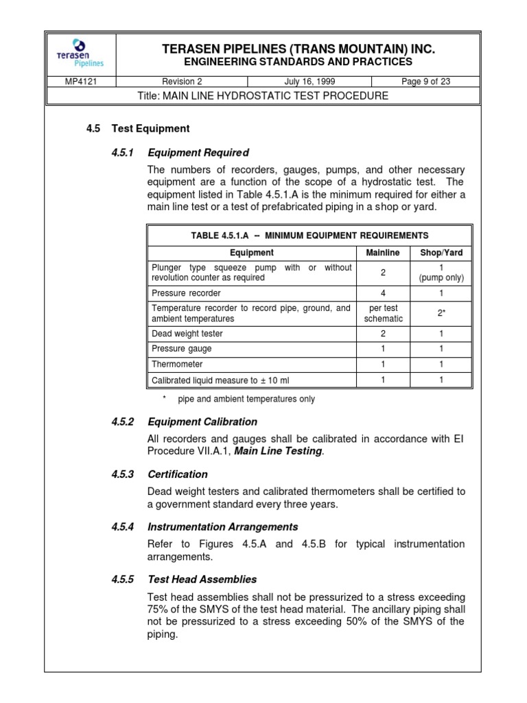 Main Line Hydrostatic Test Procedure Pipeline Trans 10 | PDF ...