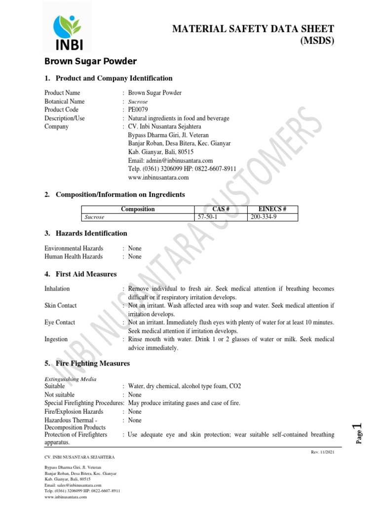 MSDS Brown Sugar Powder | PDF | Water | Personal Protective Equipment