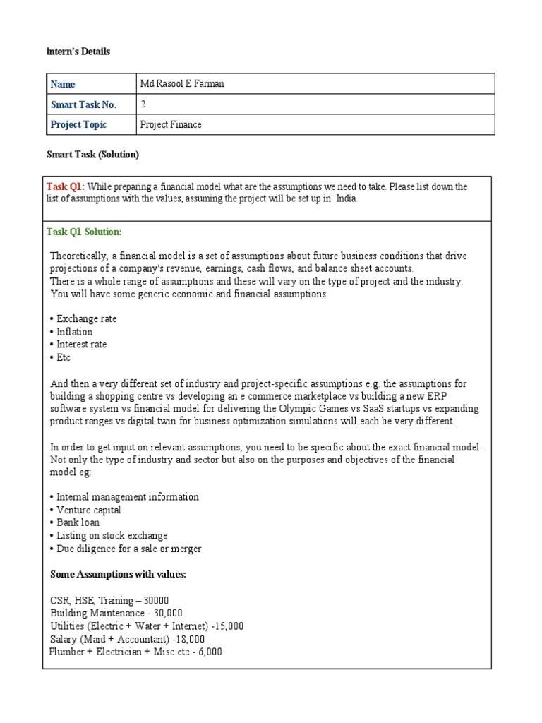 Vce Smart Task 2 Project Finance Modelling and Analysis | PDF | Debt ...