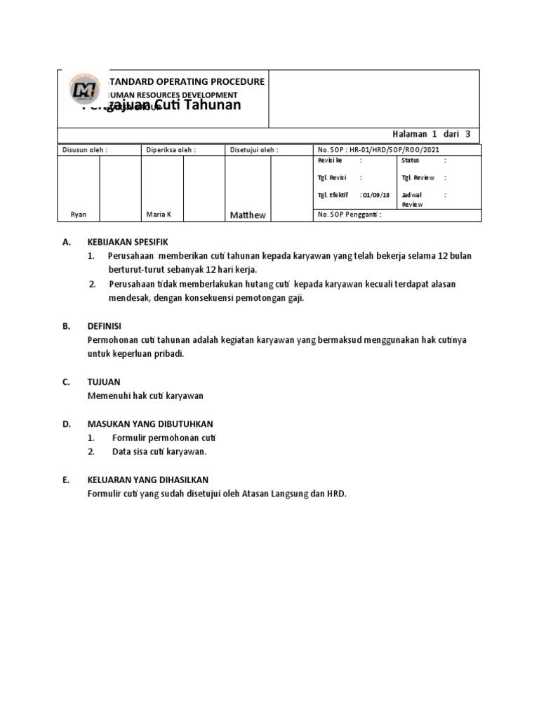PA 01 SOP Pengajuan Cuti Tahunan | PDF
