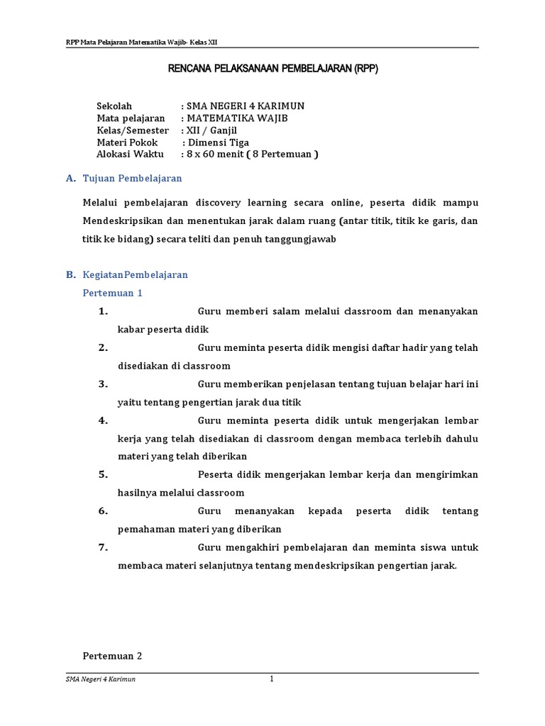 RPP MTK Wajib Kelas 12 2021-2022 Sem Ganjil | PDF