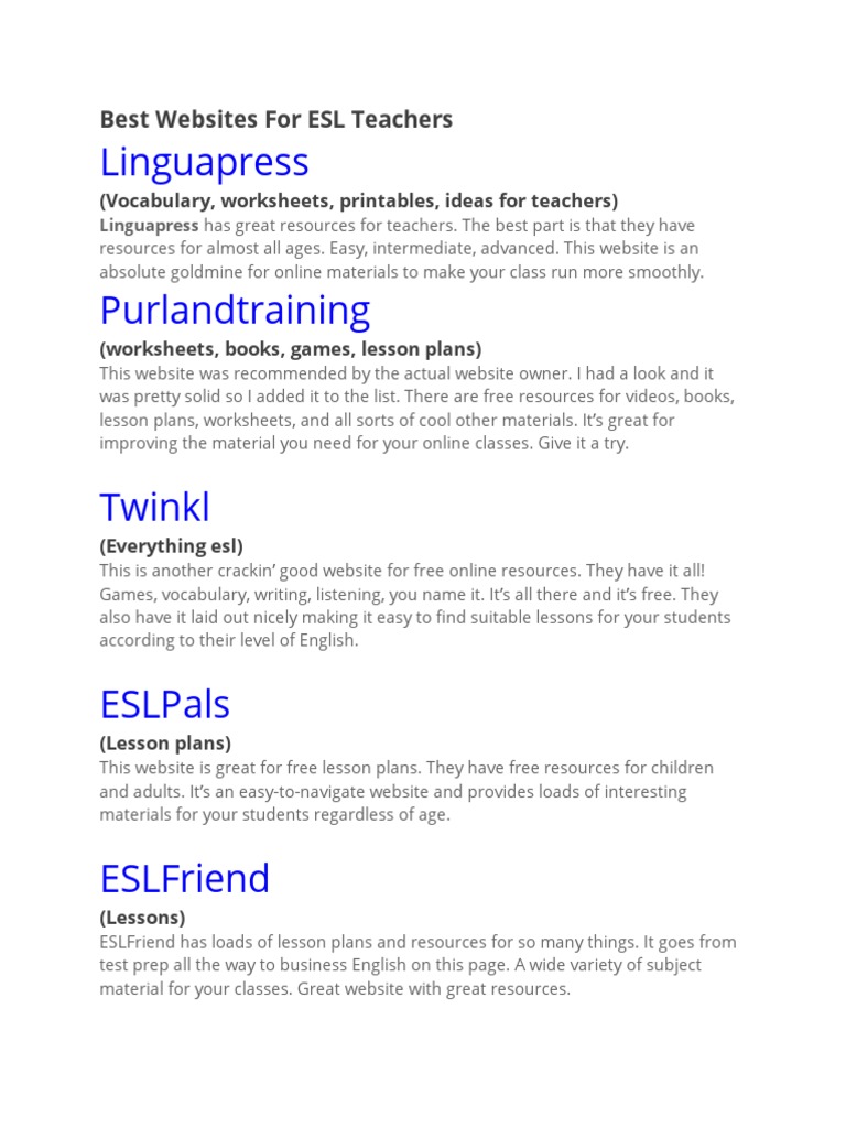 Best Websites For ESL Teachers | PDF | Lesson Plan | English As A ...