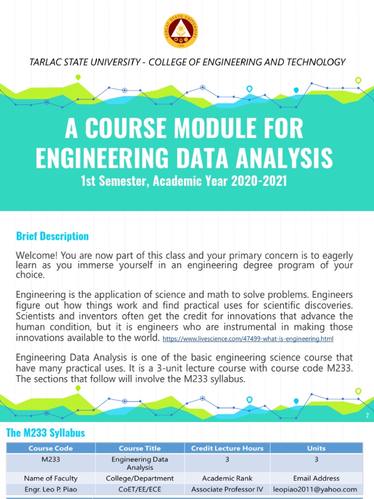 A Course Module For Engineering Data Analysis: 1st Semester, Academic ...