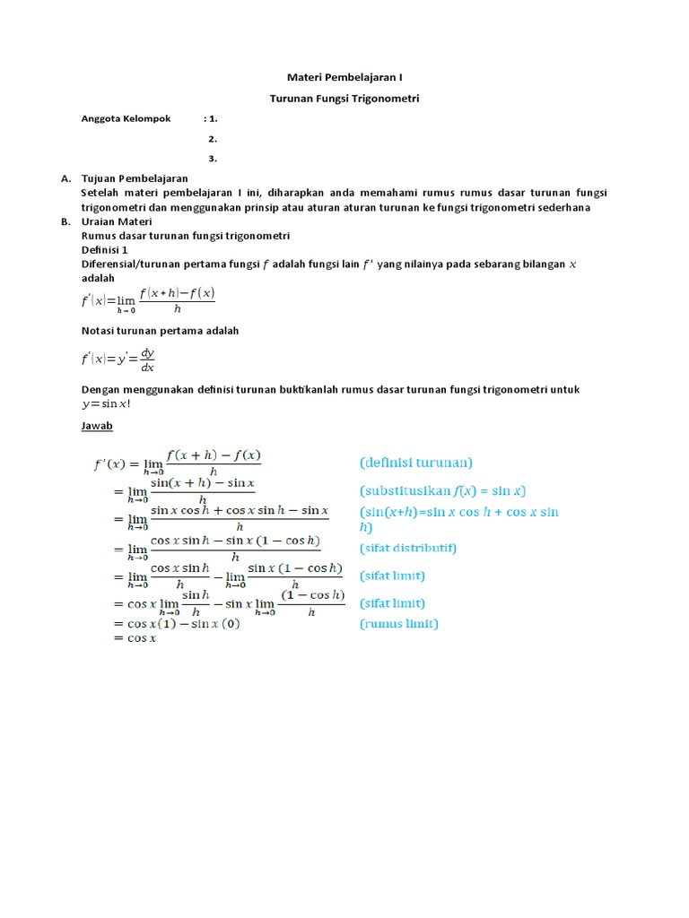 Bahan Ajar Turunan Trigonometri | PDF | Metode & Bahan Ajar