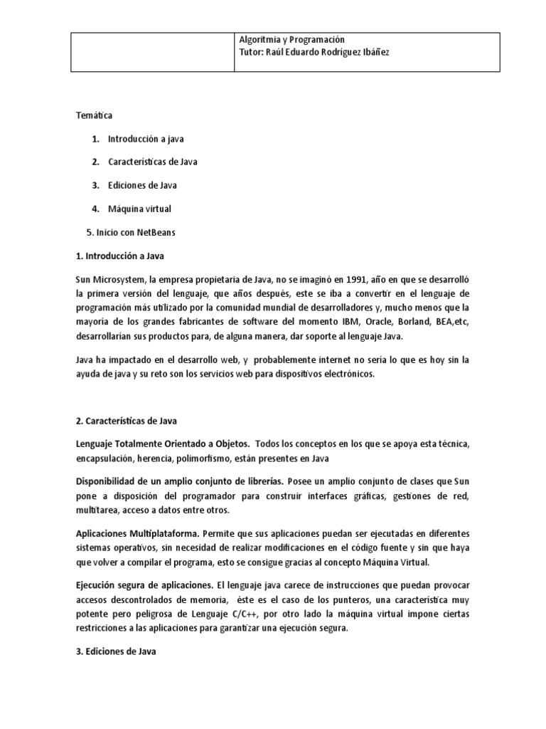 Introducción a Java y NetBeans | PDF | Java (lenguaje de programación) | máquina virtual de Java