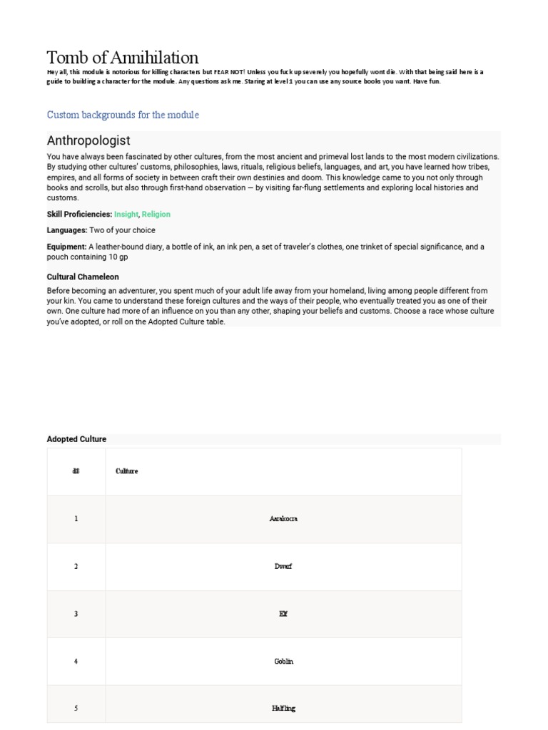 Character Guide Tomb of Annihilation | PDF | Forgotten Realms | Race ...