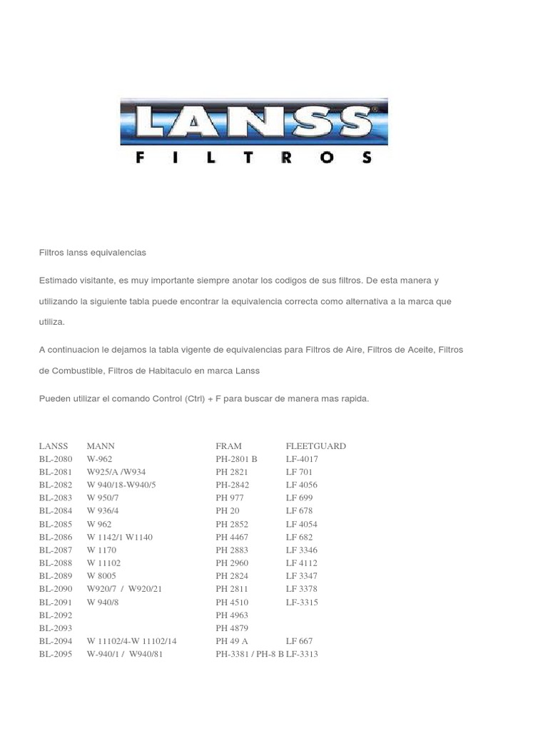 Filtros LANSS Equivalencias | PDF