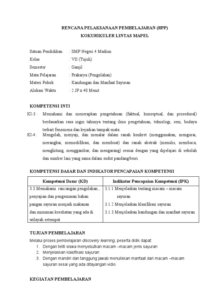 RPP Kokurikuler Prakarya Kelas 7 | PDF | Kesehatan Holistik