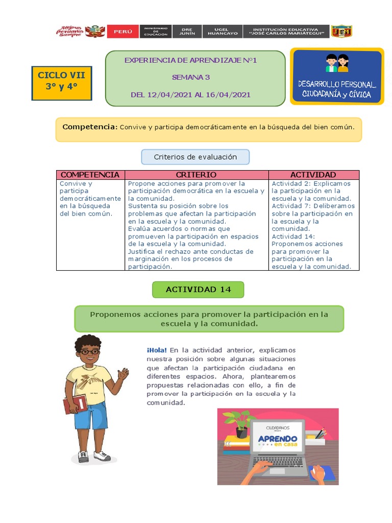 ACTIVIDAD DE APRENDIZAJE N°14 3° y 4°DPCC | PDF | Evaluación | Aprendizaje