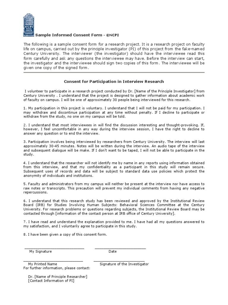 Sample Informed Consent Form: - ©ncpi | PDF | Institutional Review Board | Interview