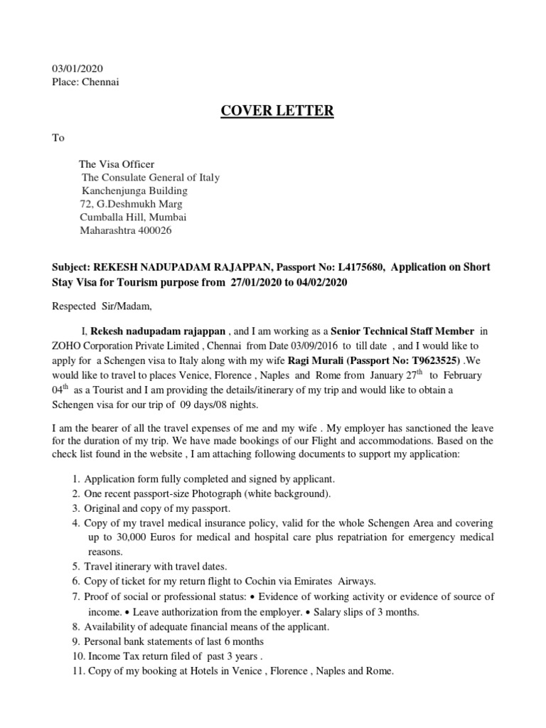 Italy Schengen Visa Cover Letter Sample | PDF | Travel Visa | Passport