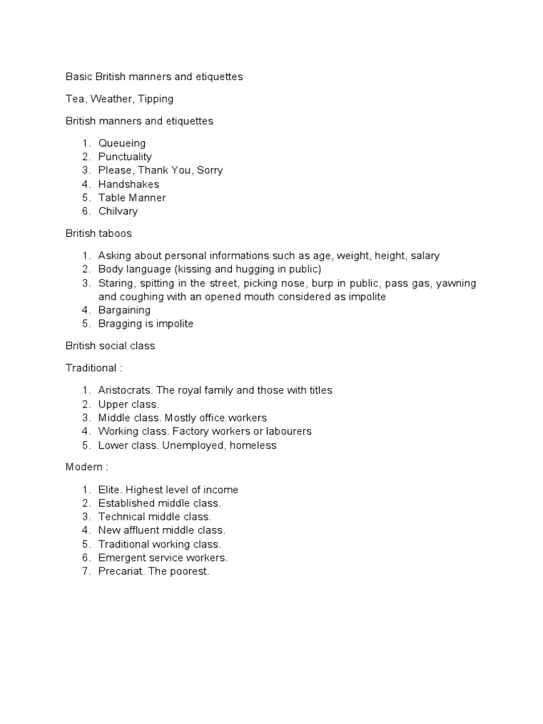 British Manners and Etiquette Guide | PDF | Wealth | Middle Class
