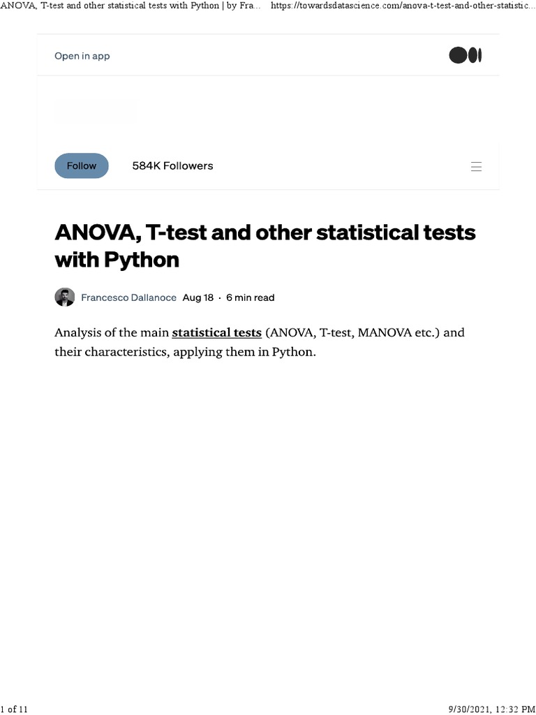 ANOVA, T-Test and Other Statistical Tests With Python | PDF | Student's ...