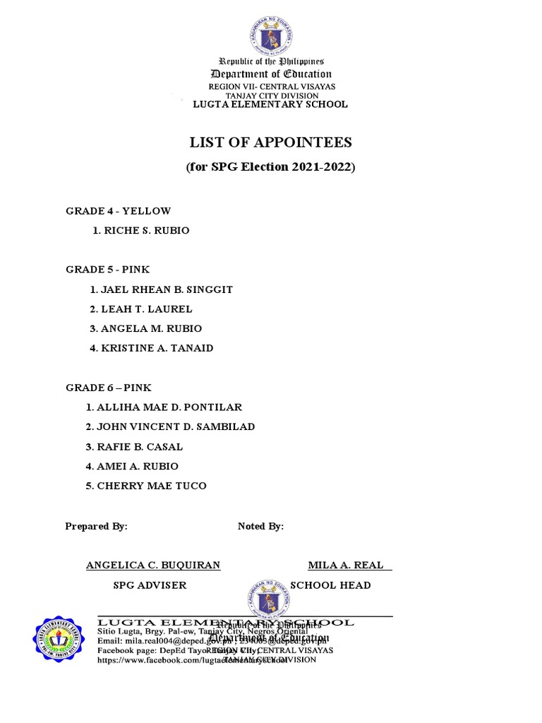 List of Appointees: (For SPG Election 2021-2022) | PDF