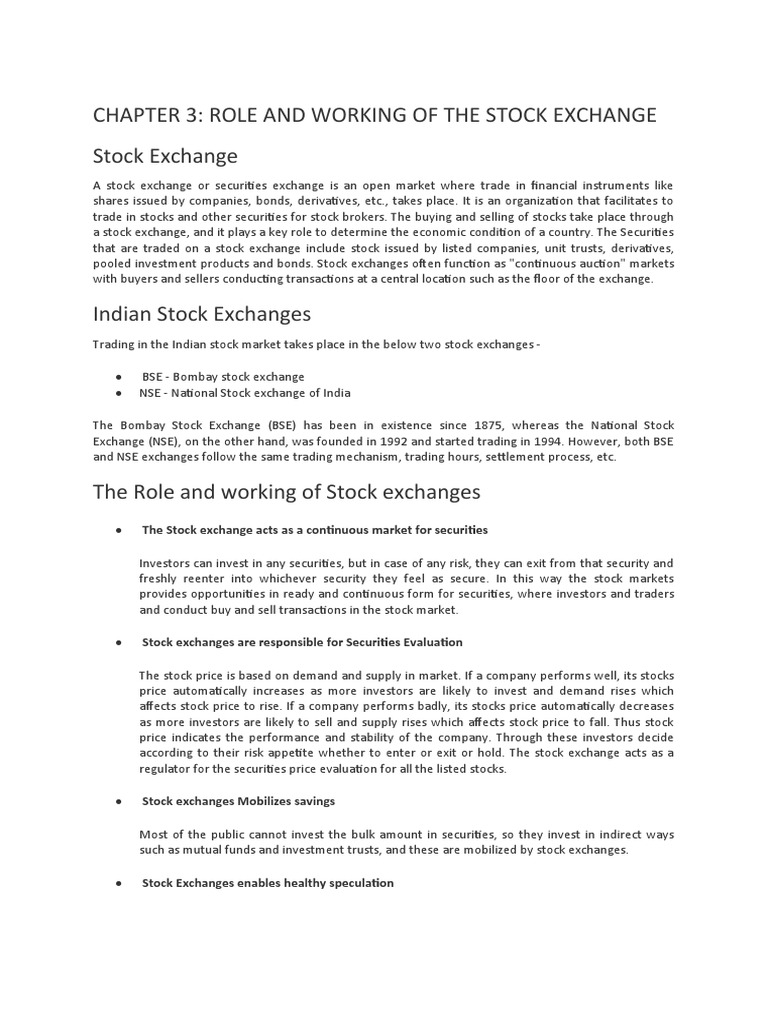 Chapter 3: Role and Working of The Stock Exchange Stock Exchange | PDF ...