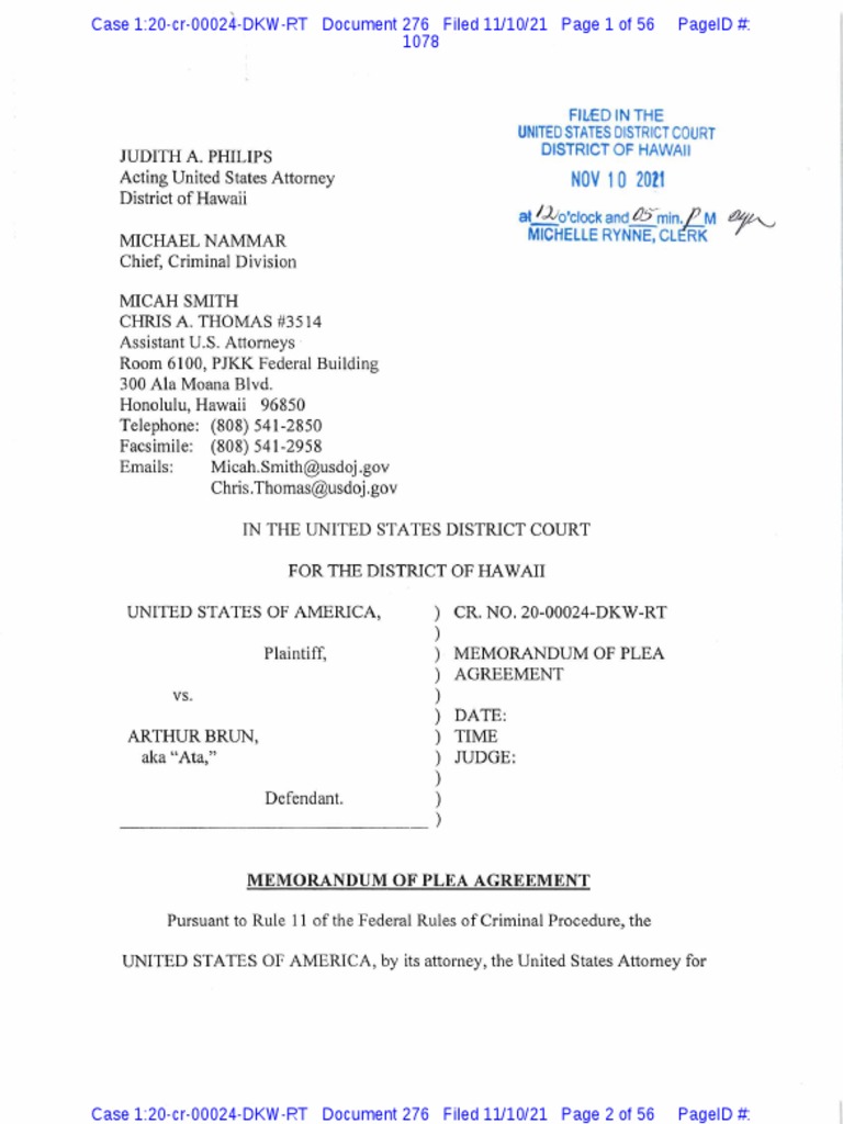 Memorandum of Plea Agreement, USA Vs Arthur Brun, Aka "Ata" | PDF ...