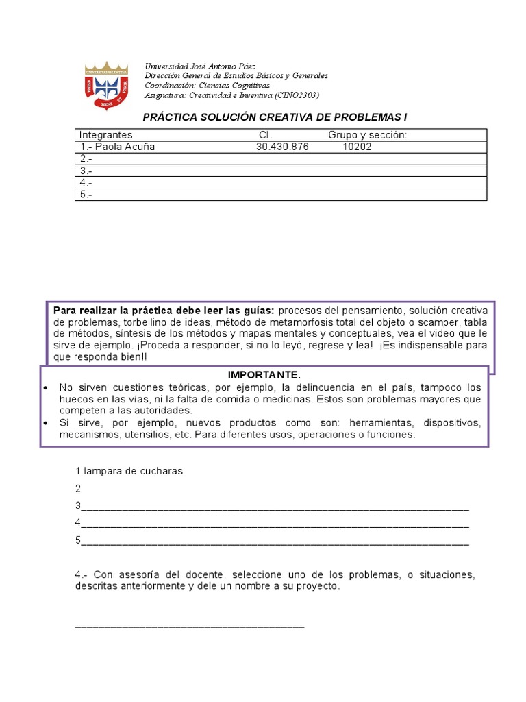 Práctica 4. Solución Creativa de Problemas I.-1 | PDF | Creatividad ...