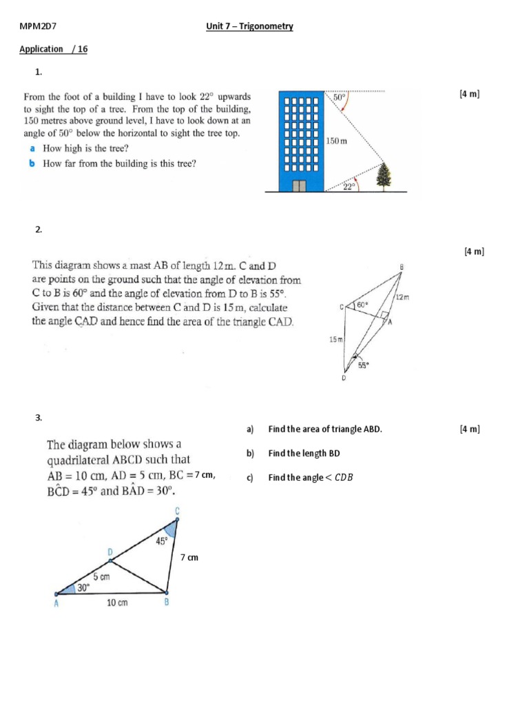 MPM2D7 Application / 16 1. (4 M) : Unit 7 - Trigonometry | PDF