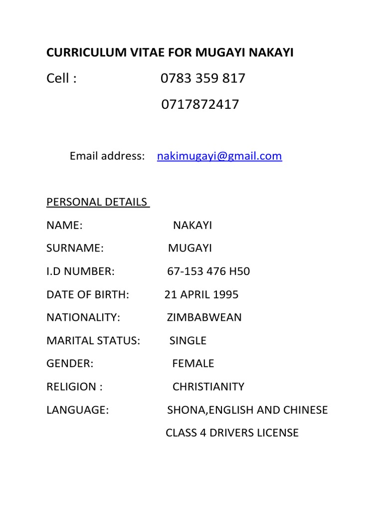 Curriculum Vitae For Mugayi Nakayi Final | PDF | Zimbabwe | Communication