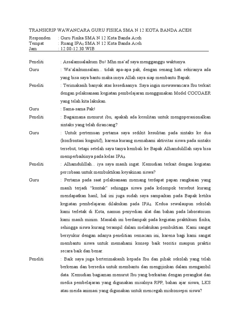 Transkrip Wawancara Guru Fisika Sma N 12 Kota Banda Aceh | PDF | Karier & Perkembangan