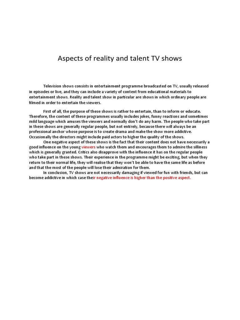 Aspects of Reality and Talent TV Shows | PDF