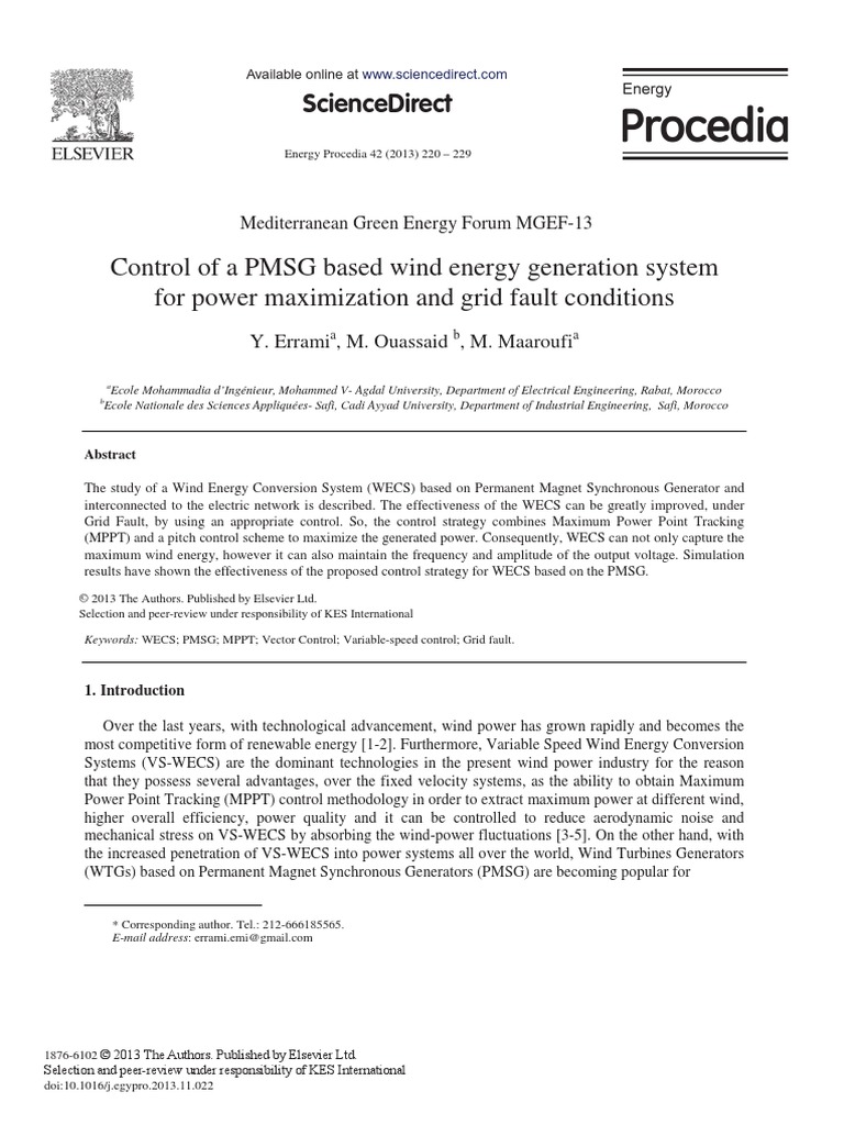 Control of A PMSG Based Wind Energy Generation System For Power Maximization and Grid Fault ...