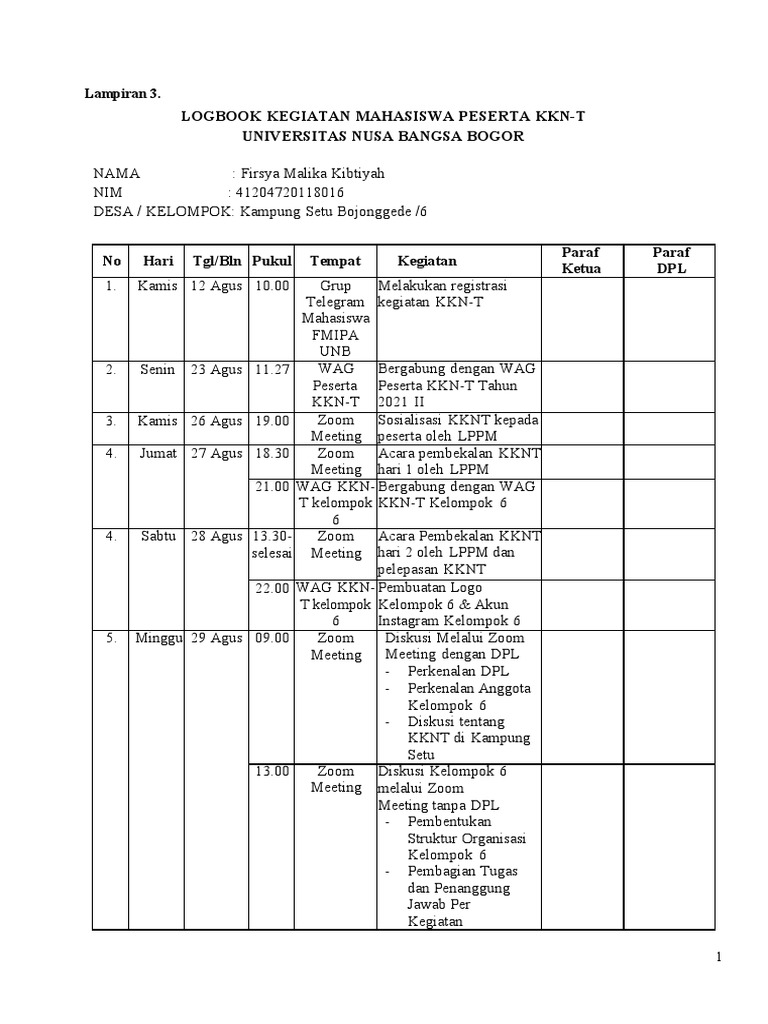 Logbook Kegiatan KKN-T Mahasiswa UNB | PDF