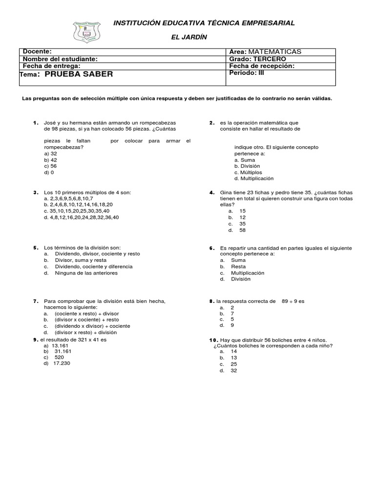 Problemas Matemáticos para 3° Primaria | PDF | División (Matemáticas ...