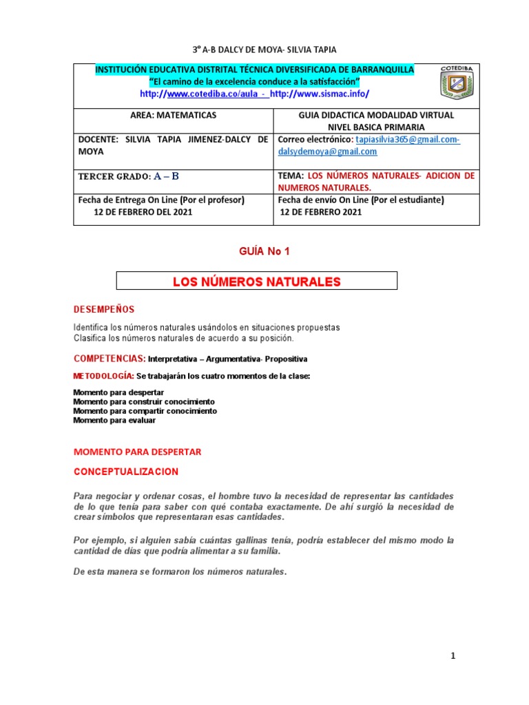 Guia # 1 de Matematicas Tercer Grado 2021 | PDF | Número natural ...