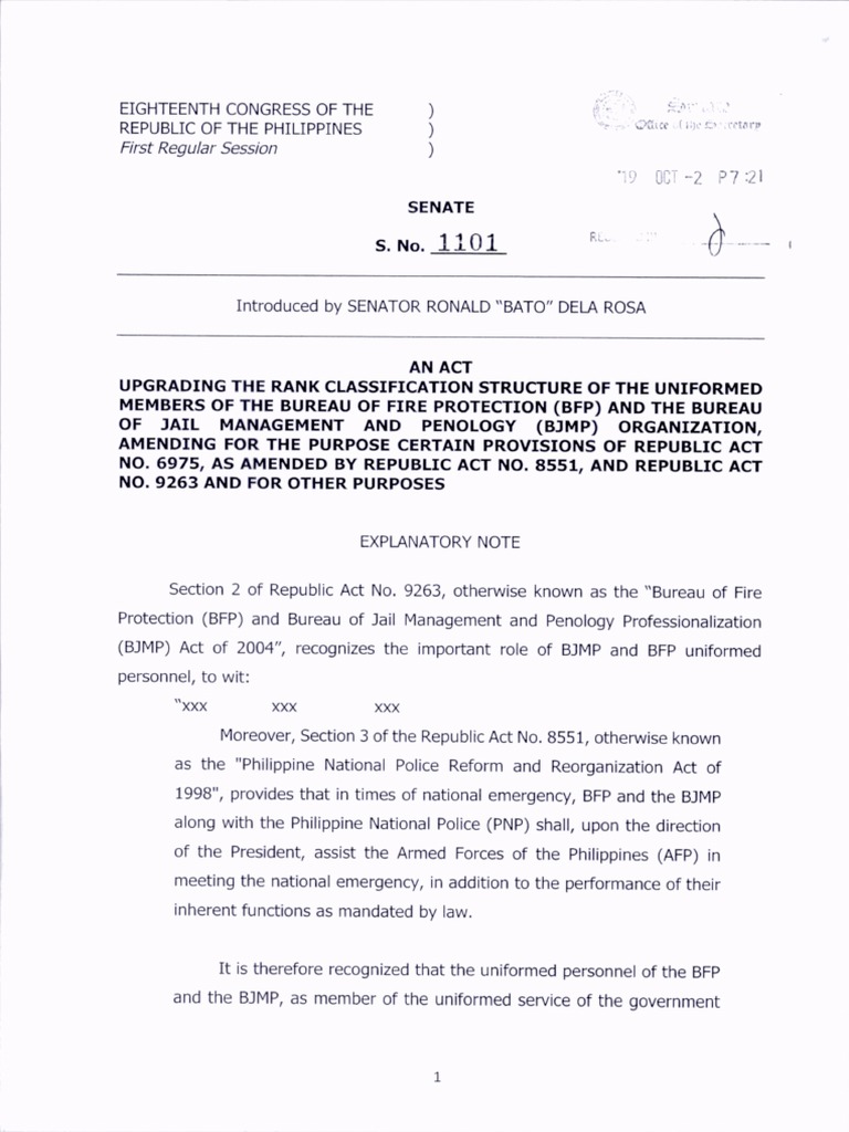 SENATE BILL 1101 Rank Reclassification of The BFP and BJMP | PDF ...