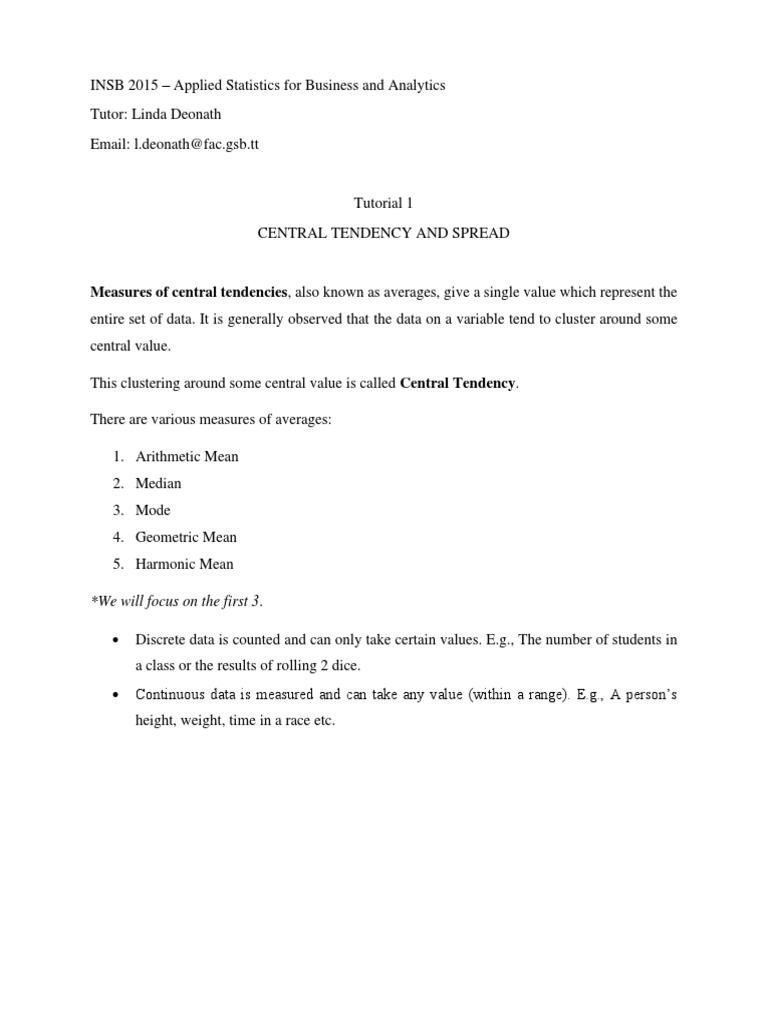 Statistics Tutorial 1 Pdf Mean Mode Statistics