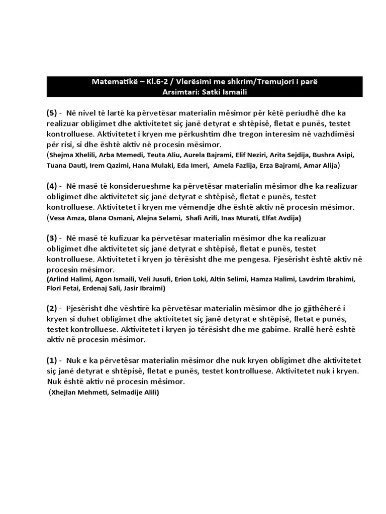 Matematikë Vleresimi Me Shkrim Tremujori I Parë Kl.6 2 1 | PDF