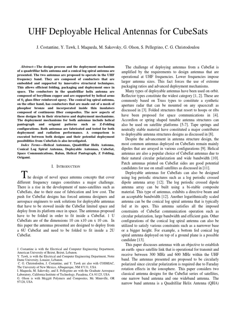 UHF Deployable Helical Antennas For CubeSats | PDF | Antenna (Radio ...