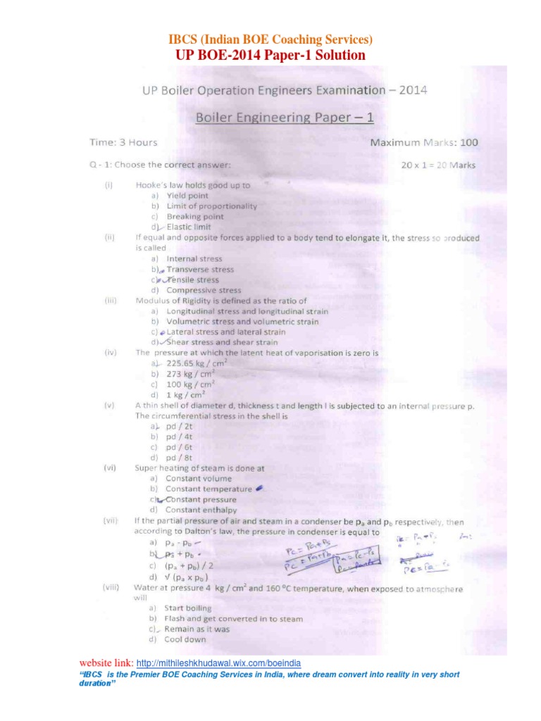UP BOE-2014 Paper-1 Solution: IBCS (Indian BOE Coaching Services) | PDF | Pump | Boiler