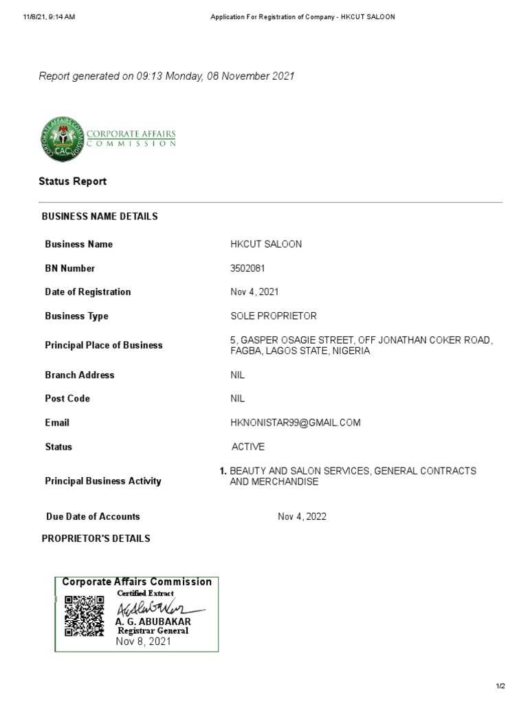 Application For Registration of Company - HKCUT SALOON | PDF | Government
