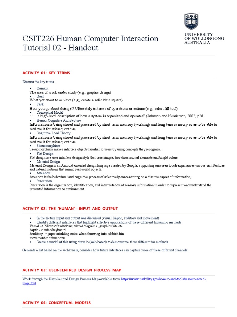 CSIT226 Human Computer Interaction Tutorial 02 - Handout: Activity 01: Key Terms | PDF ...