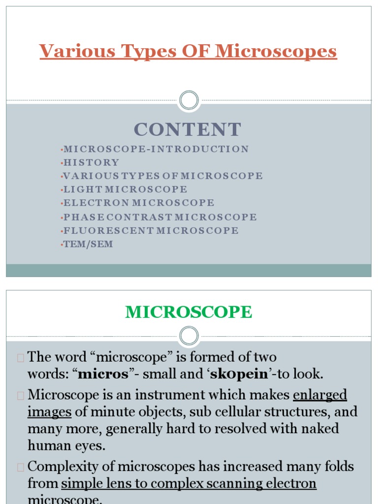 Various Types OF Microscopes: Content | PDF | Microscope | Transmission ...