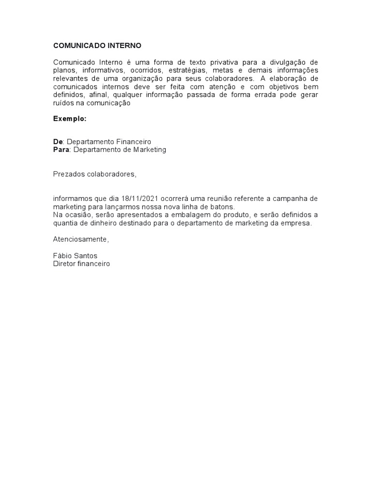 Exemplo de Comunicado Interno | PDF | Negócios