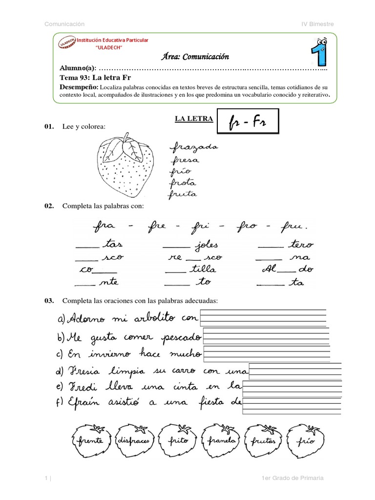 Letra Fr para Primer Grado | PDF | Mecánica del lenguaje | Lingüística